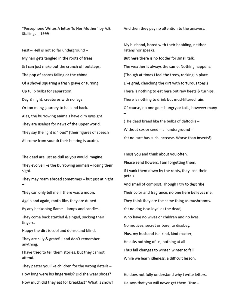 Persephone Writes A letter To Her Mother, A.E. Stallings | PDF