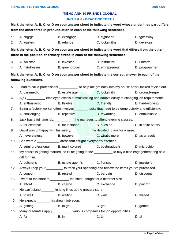 Tieng Anh 10 Friends Global - Unit 5&6 - Test 2 | PDF | Restaurants | Etsy