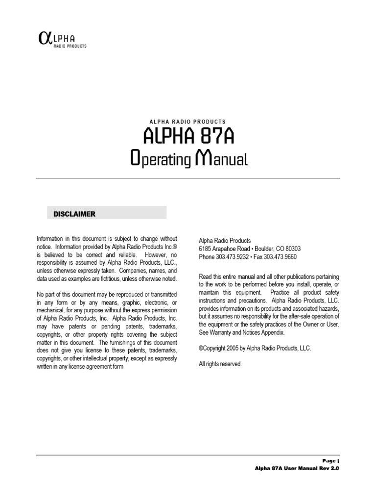 Alpha-87A Manual | PDF | Coaxial Cable | Antenna (Radio)