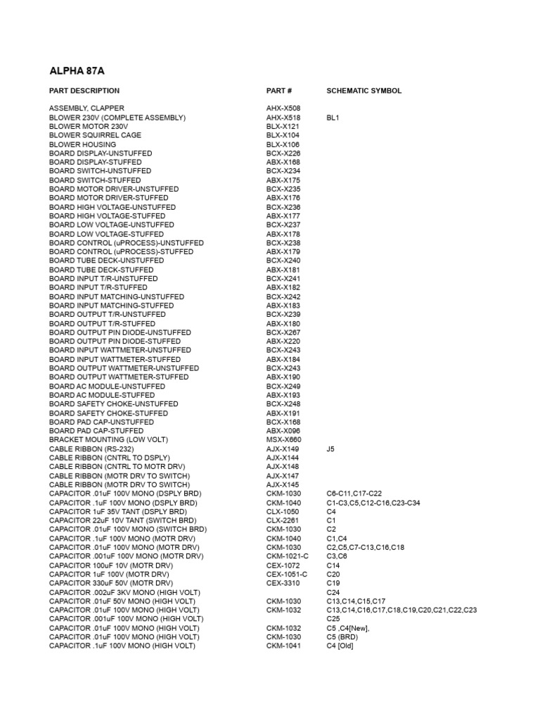 Parts List - Alpha 87a | PDF | Manufactured Goods | Electrical Engineering