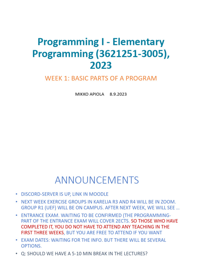 Programming I: Week 1 Overview | PDF | Data Type | Variable (Computer ...