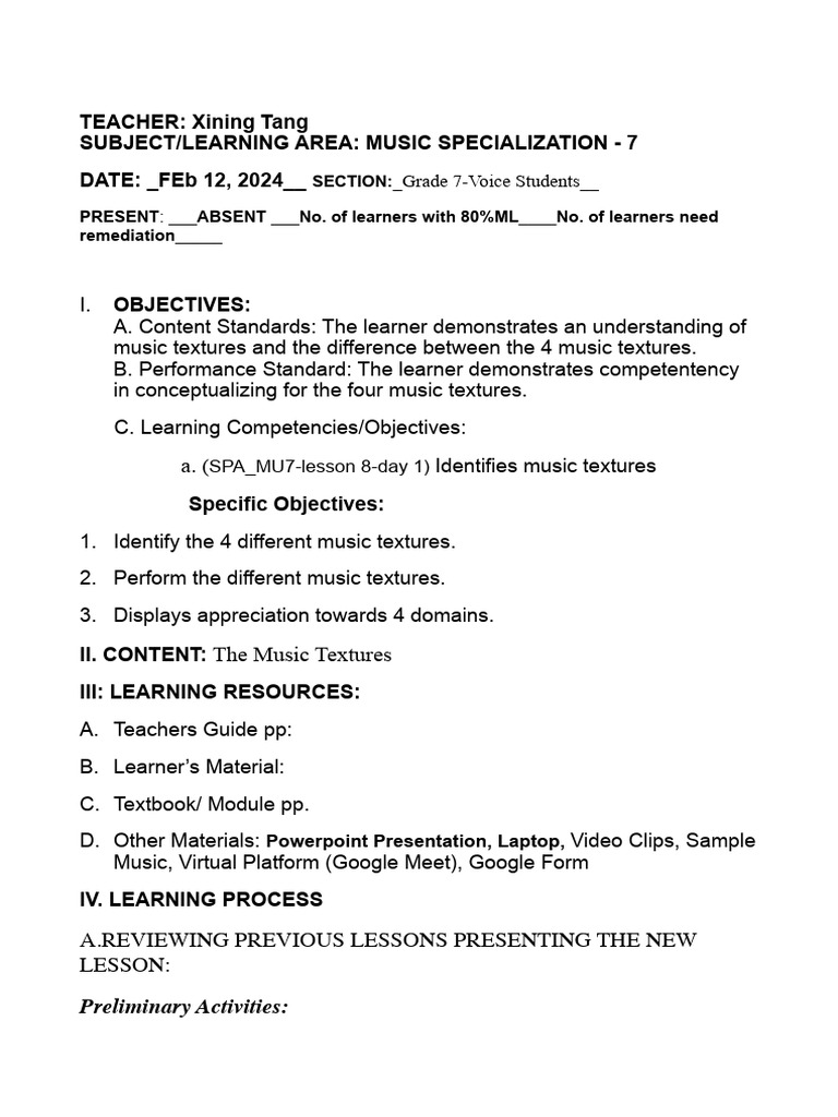 Lesson Plan-Texture-Grade 7 | PDF | Learning | Teachers