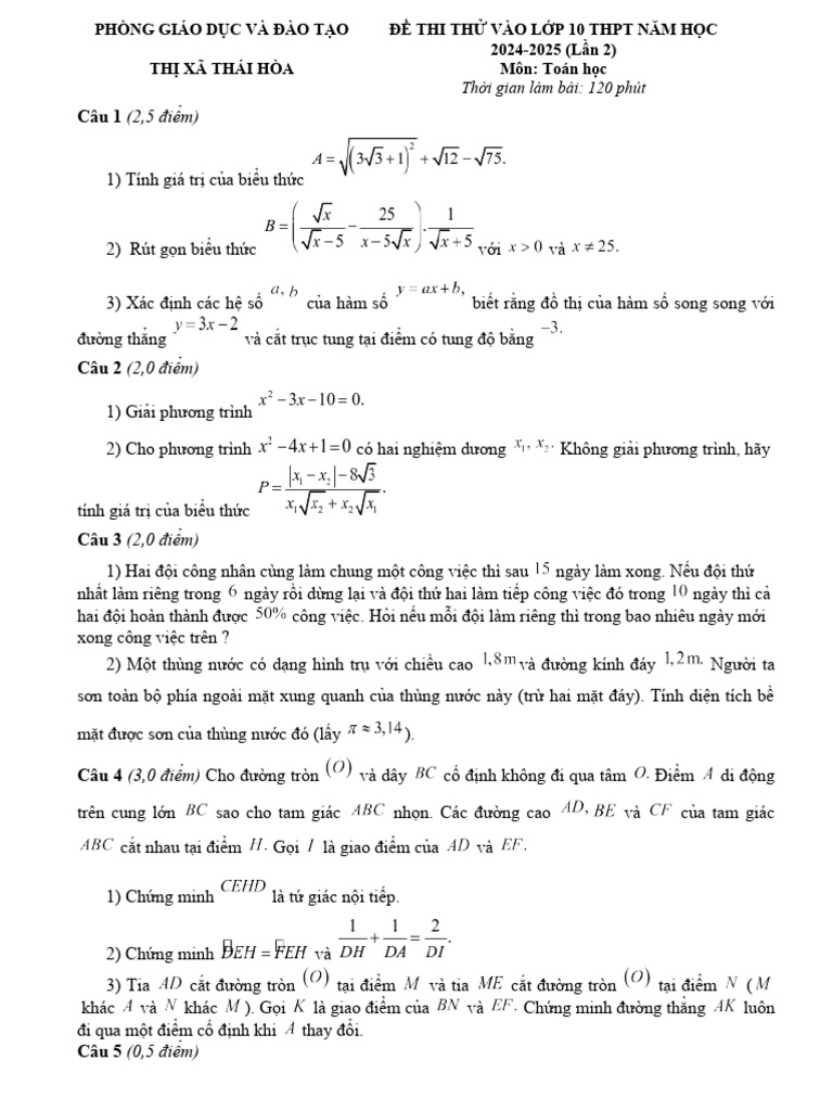 De Thi Thu Toan Vao Lop 10 Lan 2 Nam 2024 2025 Phong GDDT Thai Hoa Nghe ...