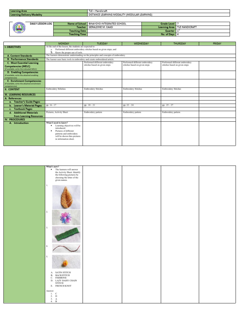 Tle Exemplar Week 2 Handicraft Making | PDF | Textile Arts | Needlework