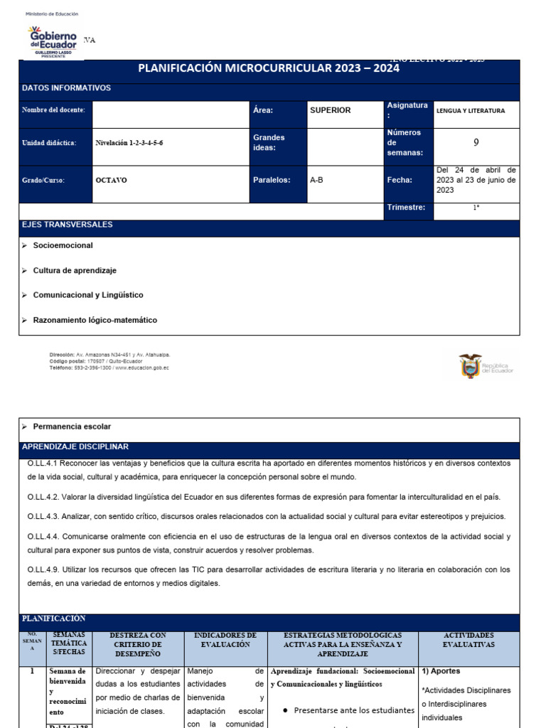 LL - 8vo - Planificación 9 Semanas | PDF | Evaluación | Cómics