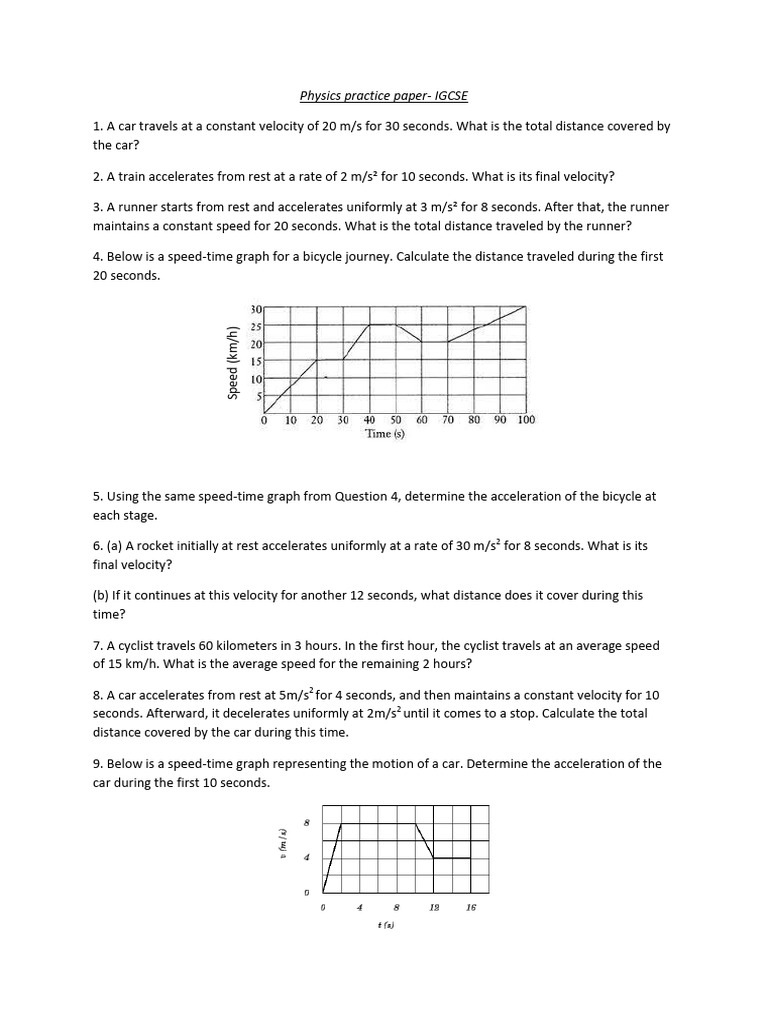 Physics Practice Paper | PDF | Speed | Acceleration