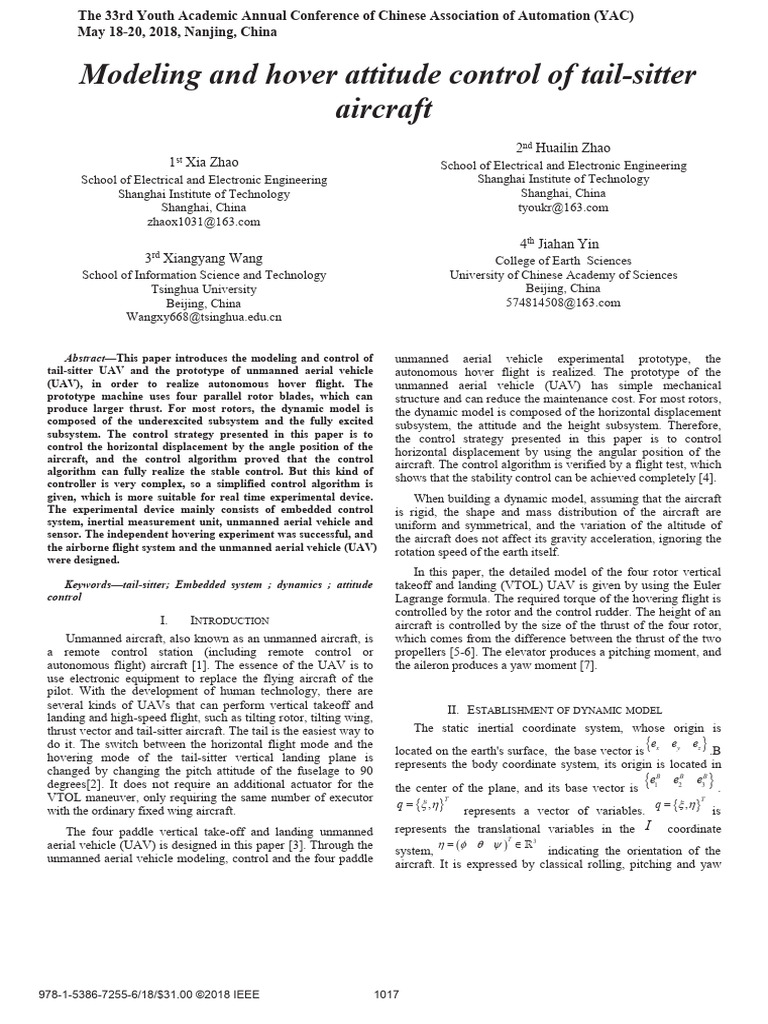 Modeling and Hover Attitude Control of Tail-Sitter Aircraft | PDF | Aircraft