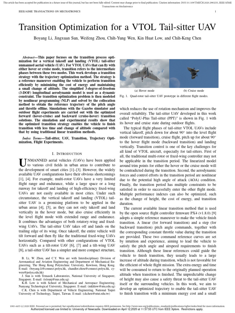 Transition Optimization For A Vtol Tail Sitter Uav Pdf Flight Takeoff