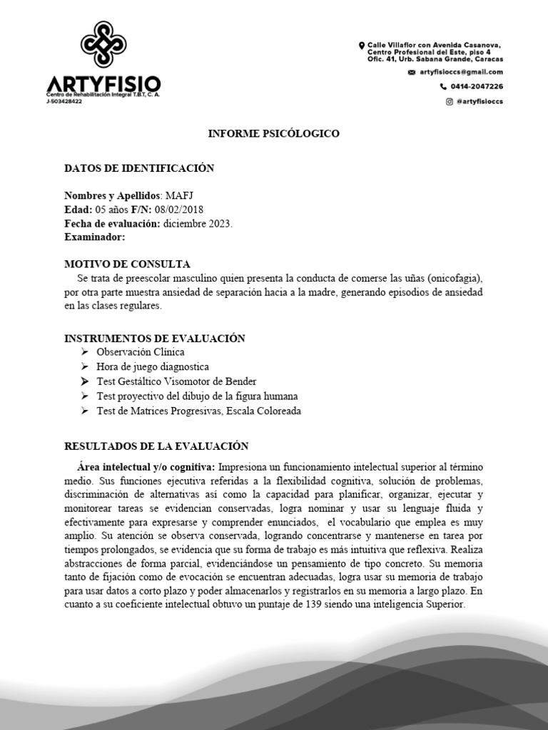 Informe Psicologico Modelo 2 | PDF | Las emociones | Memoria