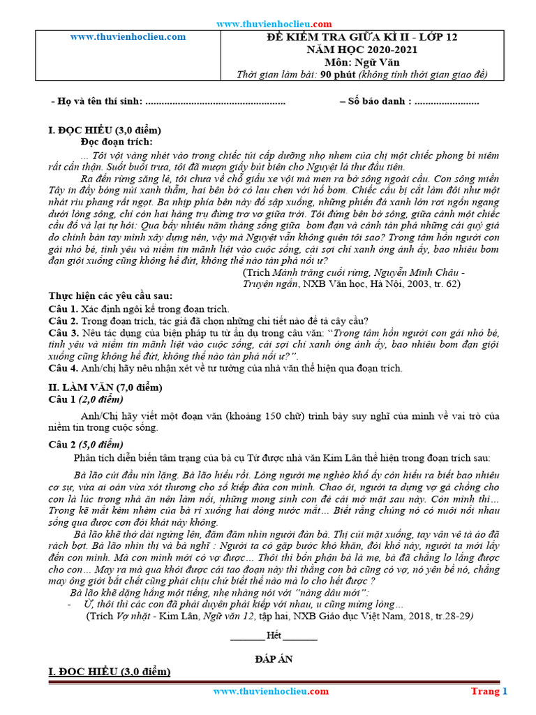 De Thi Giua HK2 VAN 12 de 1 | PDF