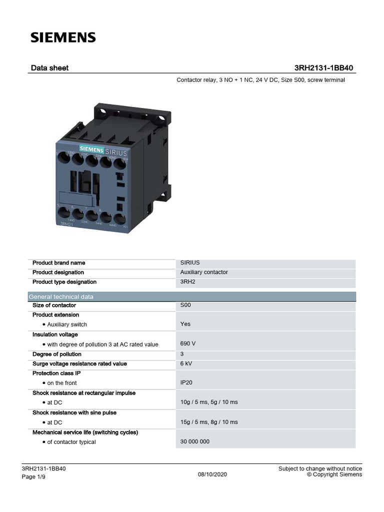 3RH21311BB40 Datasheet en | PDF | Components | Equipment