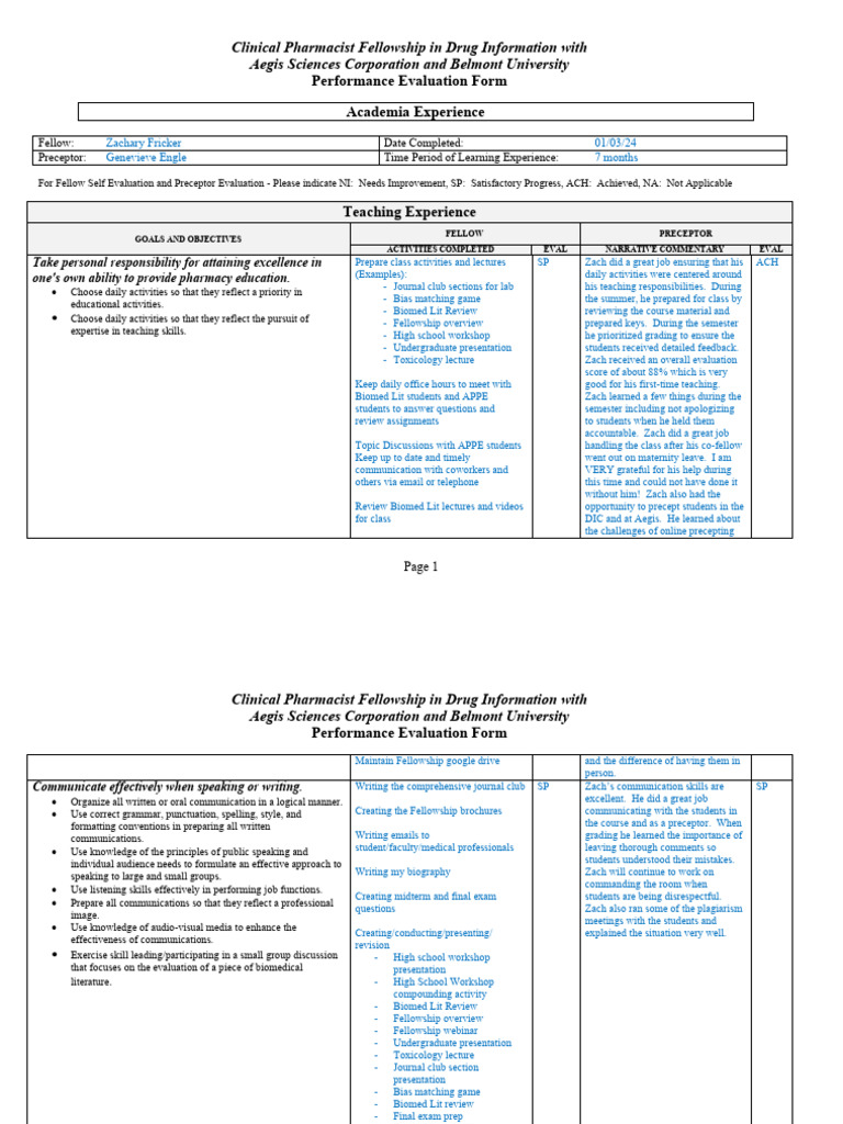 Zachary Fricker 2023 Midpoint Academic Experience Evaluation | PDF ...