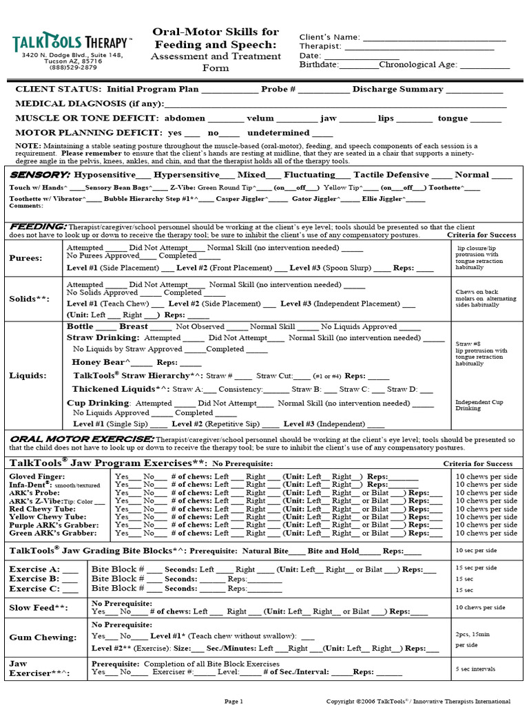 Oral-Motor Skills - Assessment and Treatment Form | PDF | Tongue