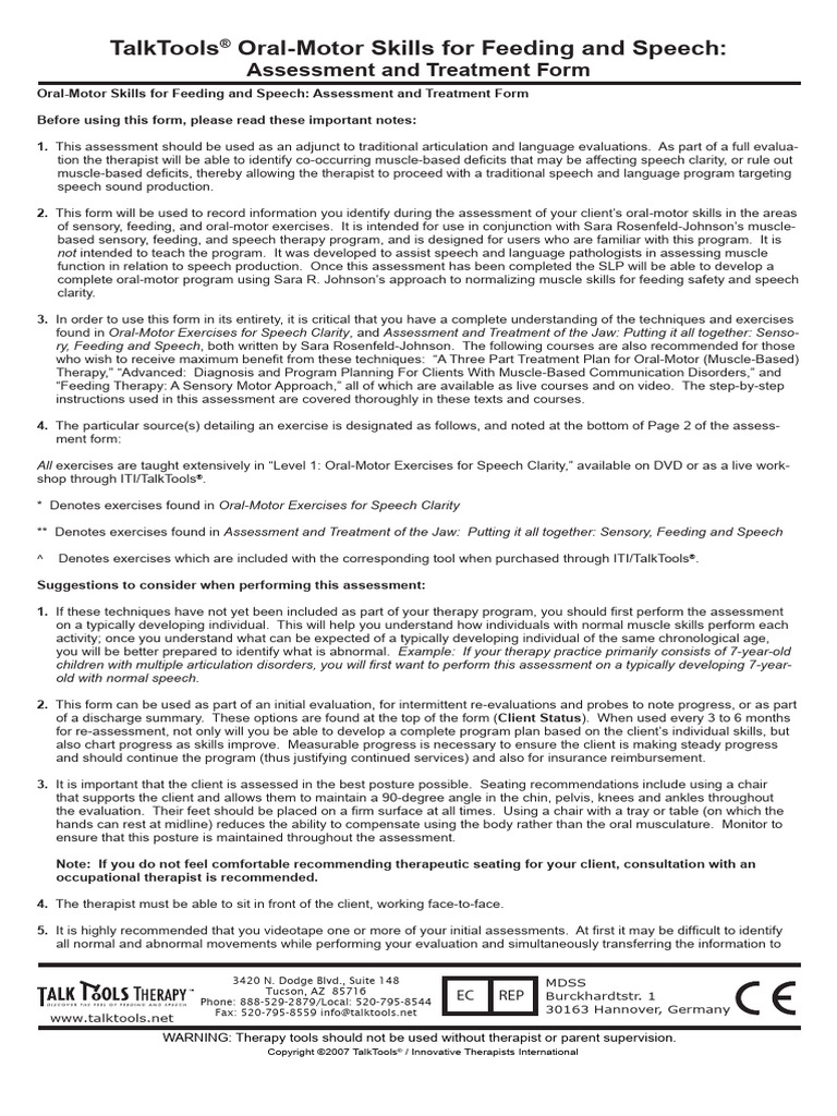 Oral-Motor Skills Assessment Form Instructions | PDF | Speech