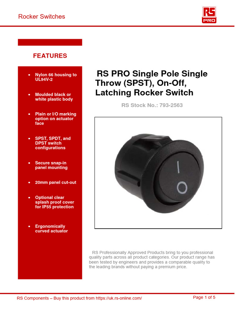 RS PRO Single Pole Single Throw (SPST), On-Off, Latching Rocker Switch ...