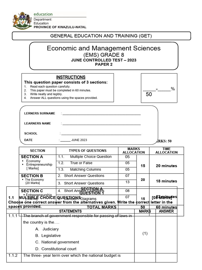 EMS P2 8 QUESTION PAPER Mid-Year 2023 | PDF | Labour Economics | Taxes