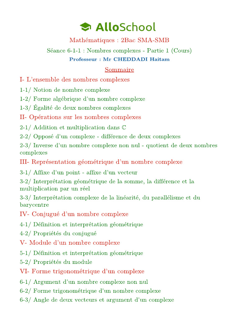 Seance 6 1 1 Nombres Complexes Partie 1 Cours 1 Pdf