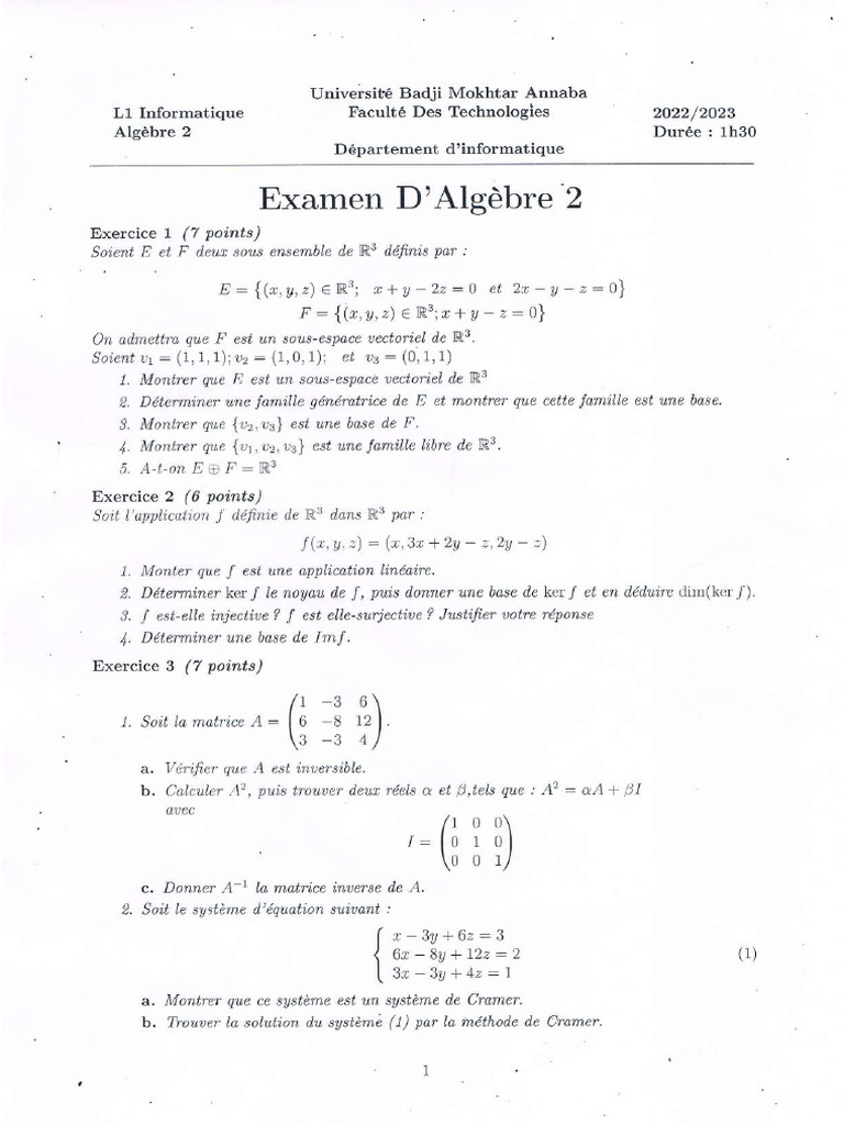Exmen Algèbre 2 + Corrigé | PDF