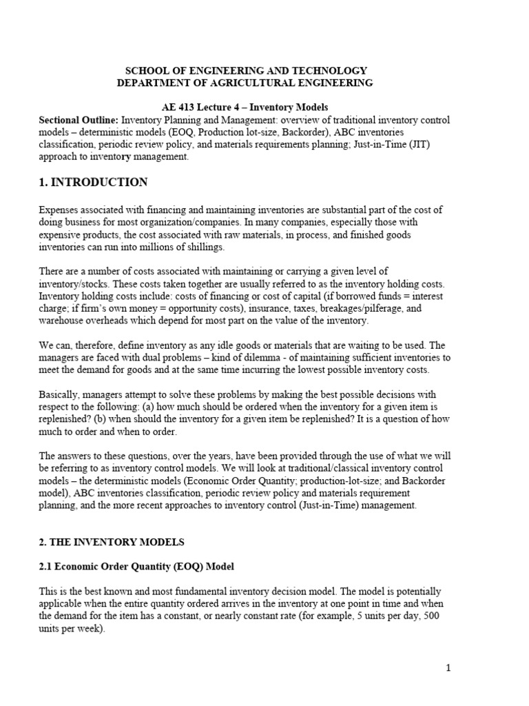 AE 413 Lecture 4 - Inventory Control Models 2023-2024 | PDF | Lean ...