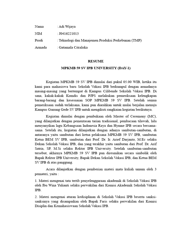 MPKMB 59 SV IPB: Hari Pertama Kegiatan | PDF