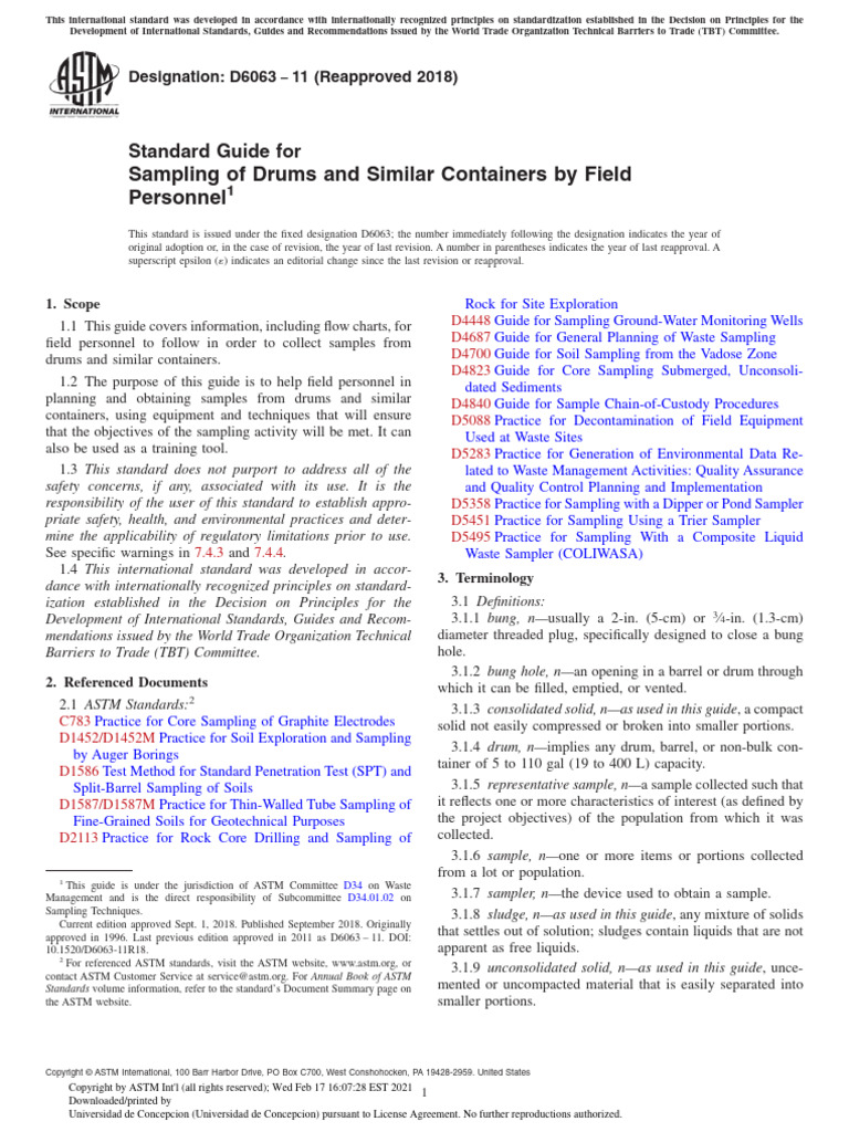 ASTM D6063-11 (Rev 2018) Guide For Sampling of Drums and Similar Containers by Field Personnel ...