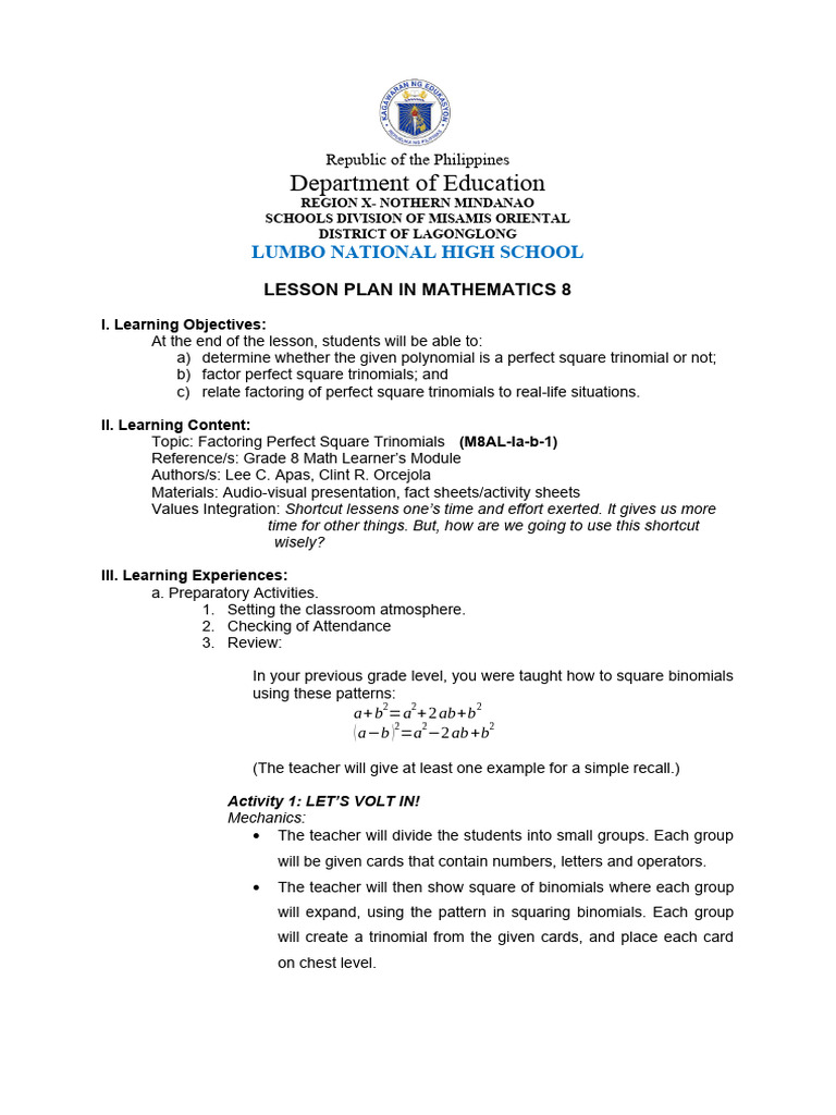 Lesson Plan Q1 | PDF | Factorization | Learning