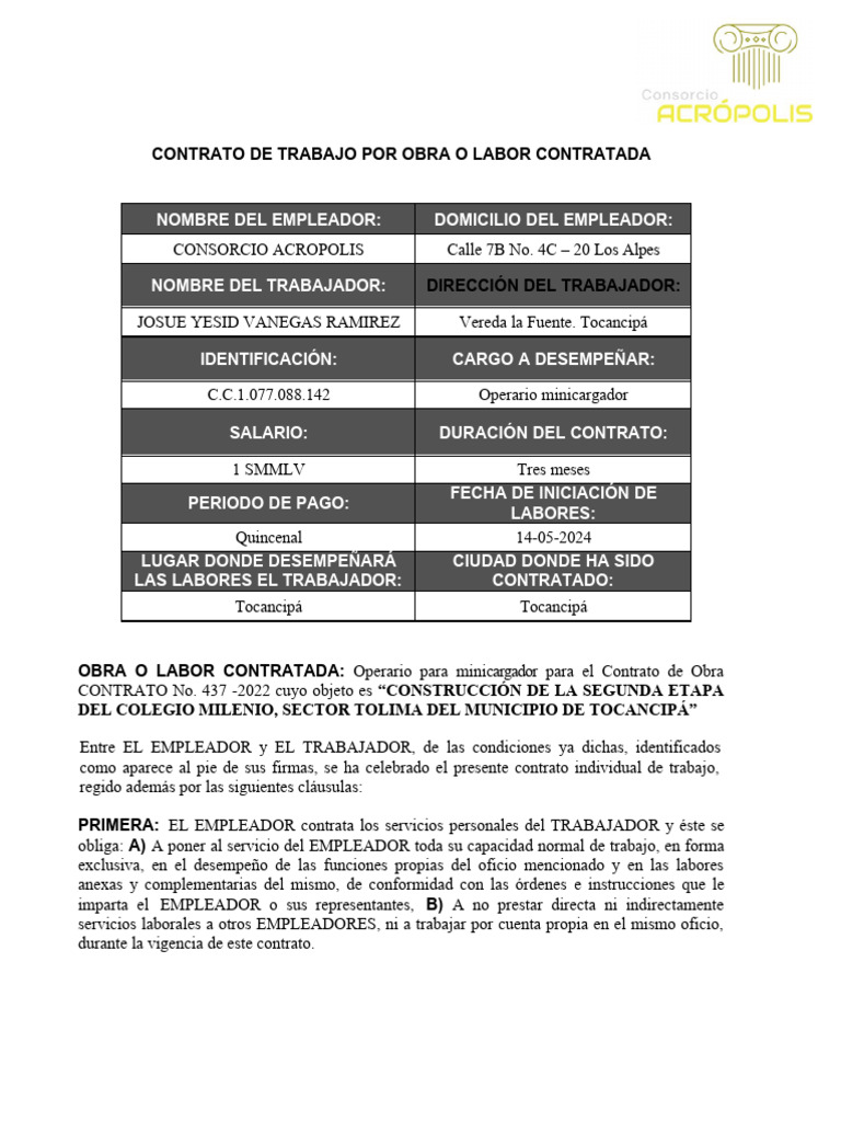 Contrato de Trabajo Por Obra o Labor Contratada Mini Cargador | Descargar gratis PDF | Derecho ...