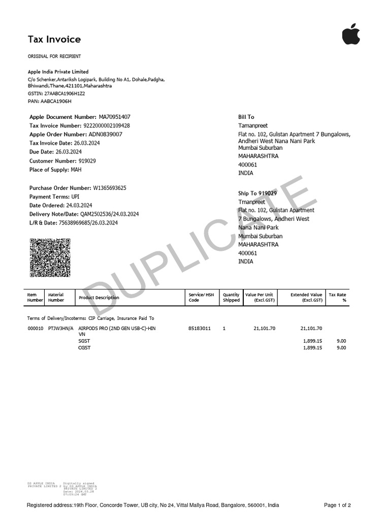 AirPods Pro BILL | PDF | Invoice | Trade