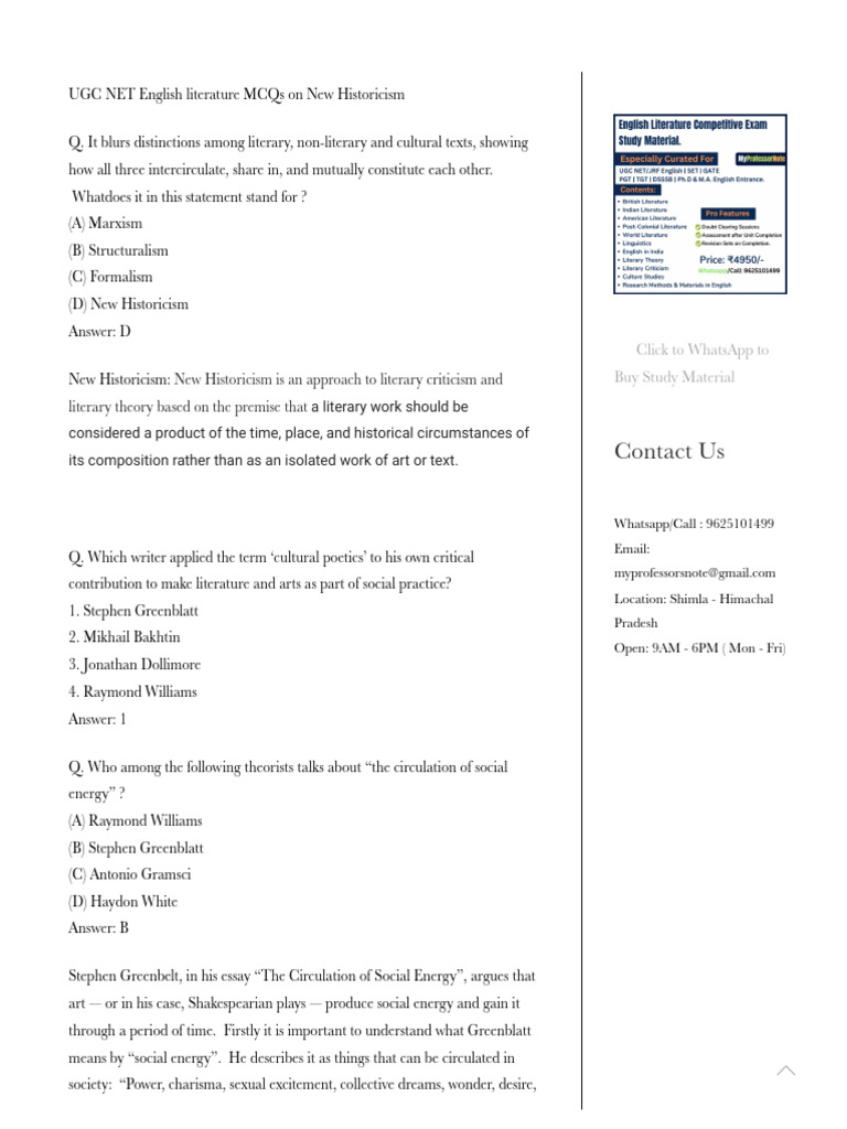 Literary Criticism Mcqs New Historicism | PDF | Liberal Arts Education