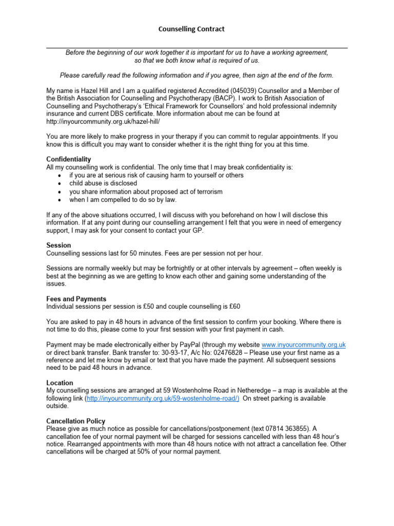 Counselling Contract | PDF | Psychotherapy | Confidentiality
