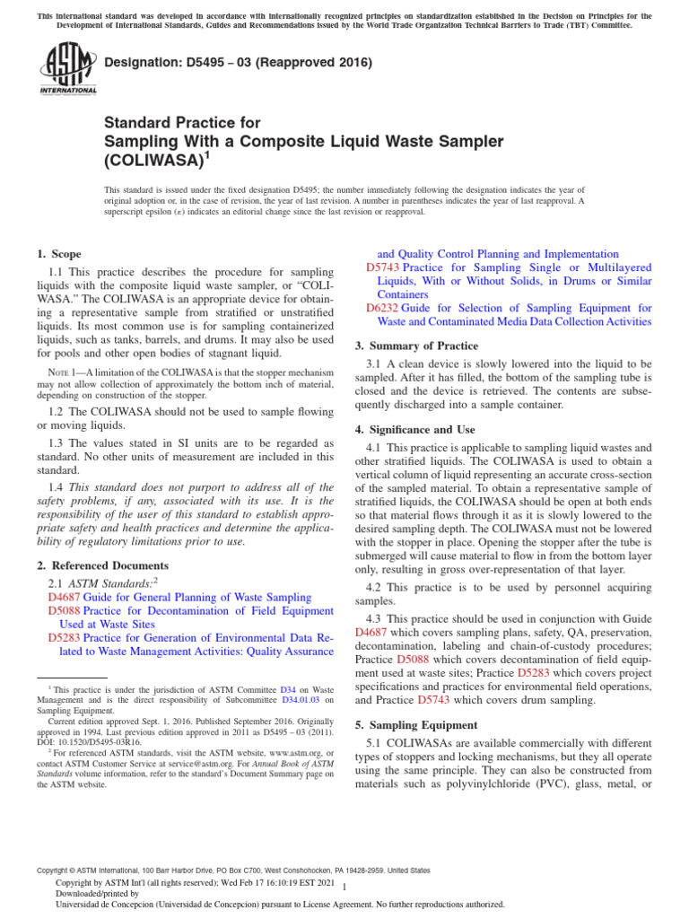 ASTM D5495-03 (Rev 2016) Sampling With A COLIWASA | PDF | Sampling (Statistics) | Waste