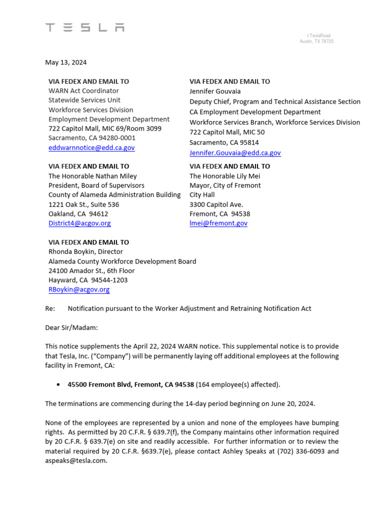 Tesla (TSLA) WARN Notice in California May 13, 2024 | PDF | Mechanical ...