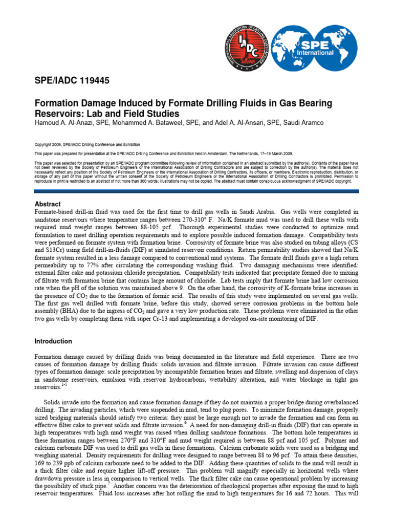SPE/IADC 119445 Formation Damage Induced by Formate Drilling Fluids in ...
