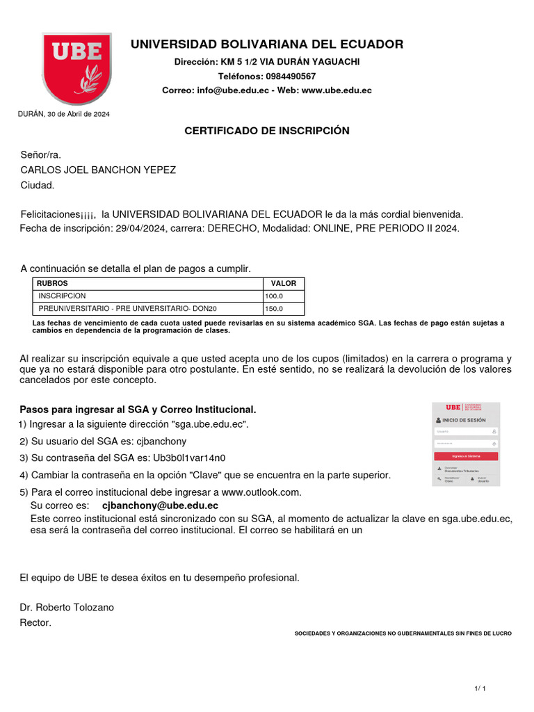 Inscripción Derecho Online UBE 2024 | PDF