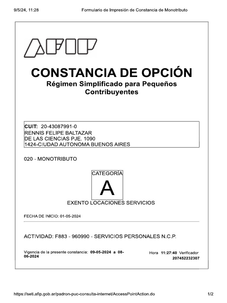 constancia de inscripción en AFIP | PDF