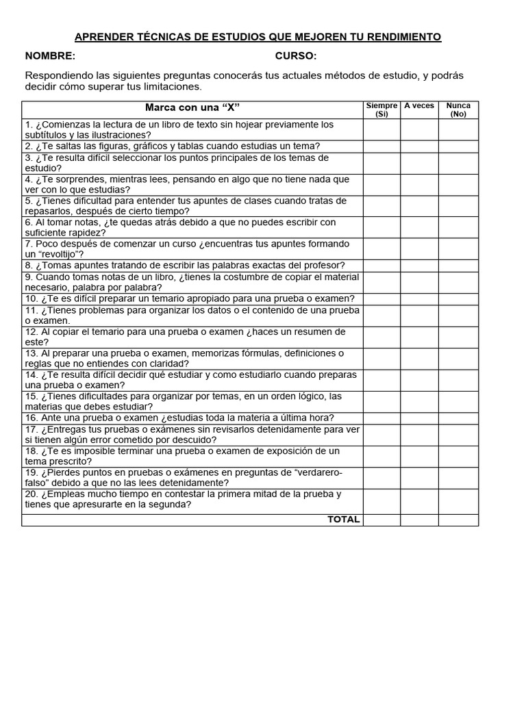 Cuestionario de Tecnicas y Habitos de Estudio | PDF