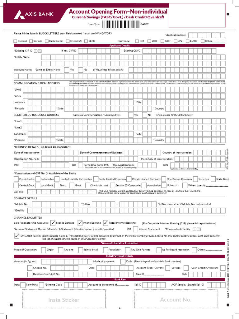 Current and Savings Account Opening Form For Non Individuals | PDF ...