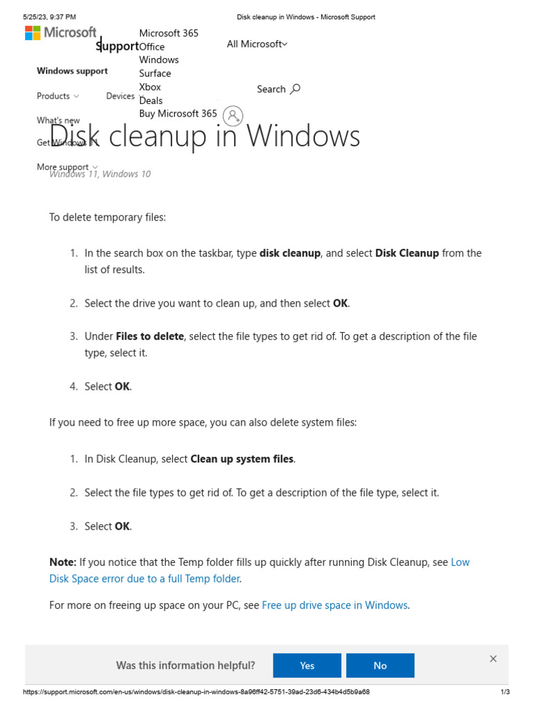 Disk Cleanup in Windows - Microsoft Support | PDF | Computer File | Microsoft Windows