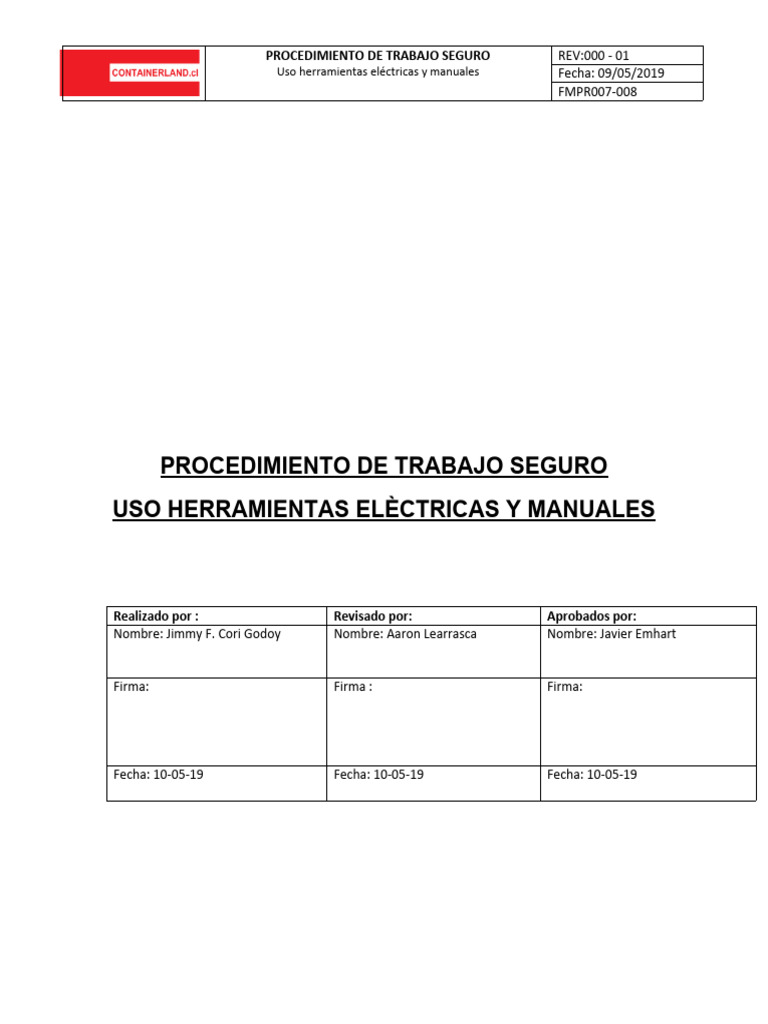 8-Procedimiento de Trabajo Seguro Uso de Herramientas Electricas y Manuales | Descargar gratis ...