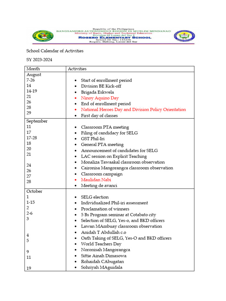 2023-2024 School Activity Calendar | PDF
