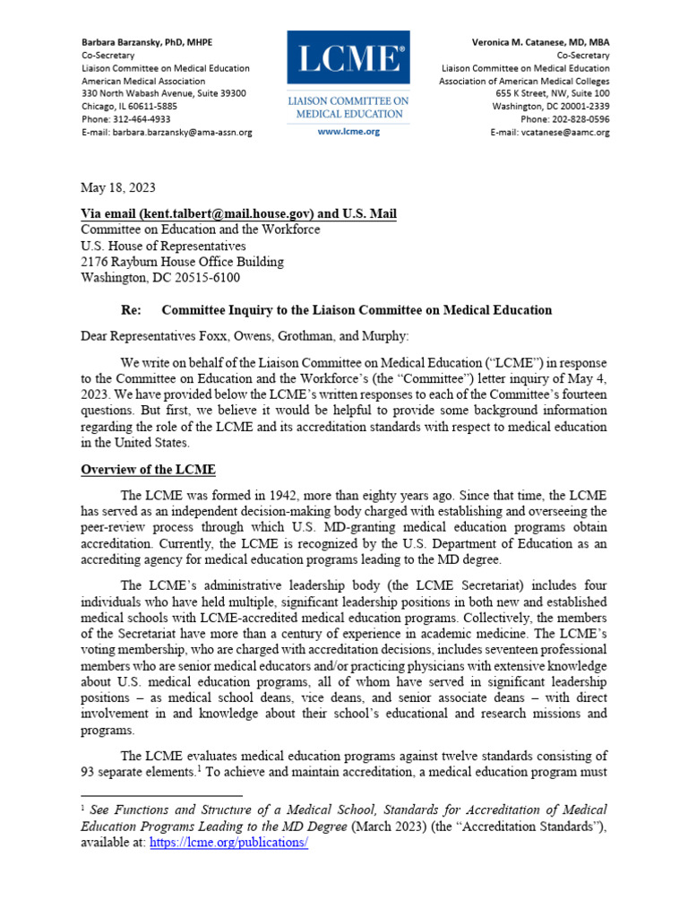 LCME Response To Committee On Education and The Workforce | PDF ...