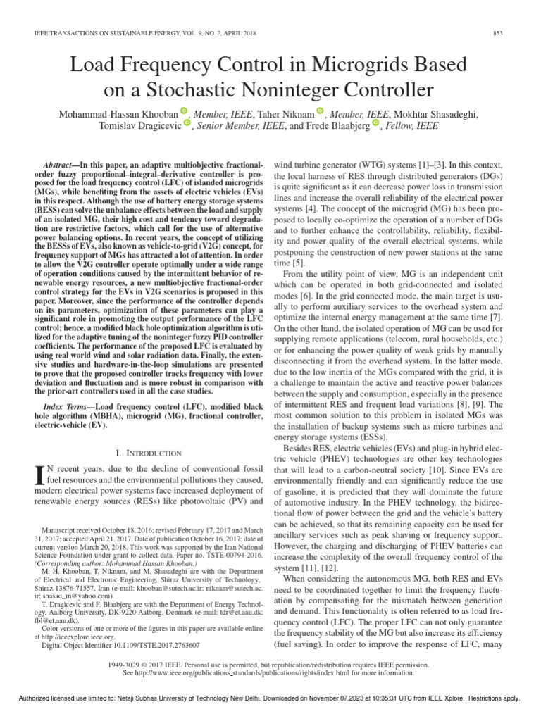 Load Frequency Control In Microgrids Based On A Stochastic Noninteger Controller Pdf Plug In