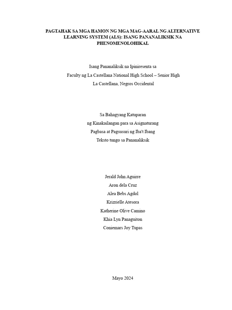 Pagtahak Sa Mga Hamon NG Mga Mag-Aaral NG Alternative Learning System ...