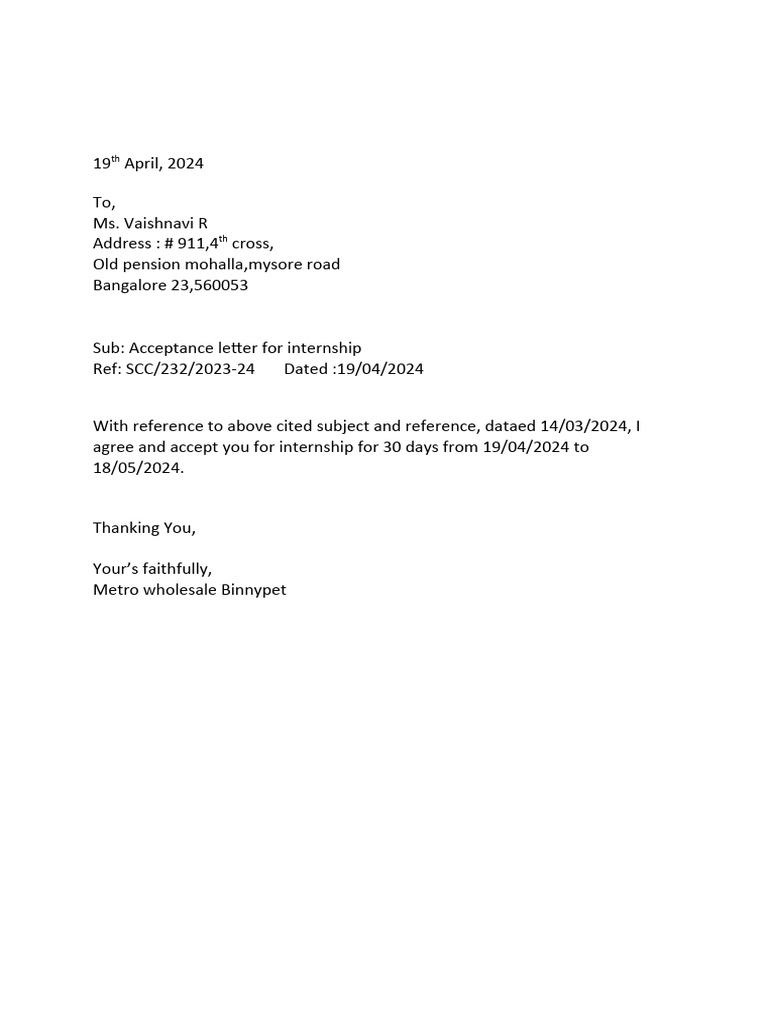 Vaishnavi R Acceptance Letter | PDF