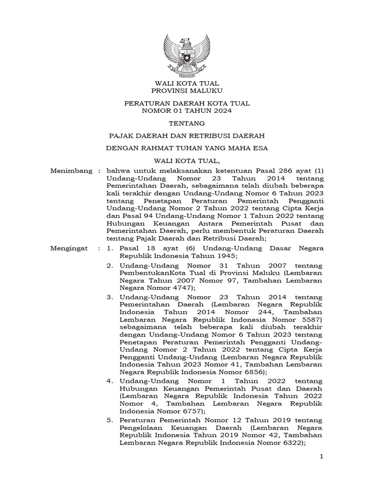 Perda Kota Tual No 01 Tahun 2024 TTG PDRD | PDF | Pengelolaan Keuangan & Uang | Hukum