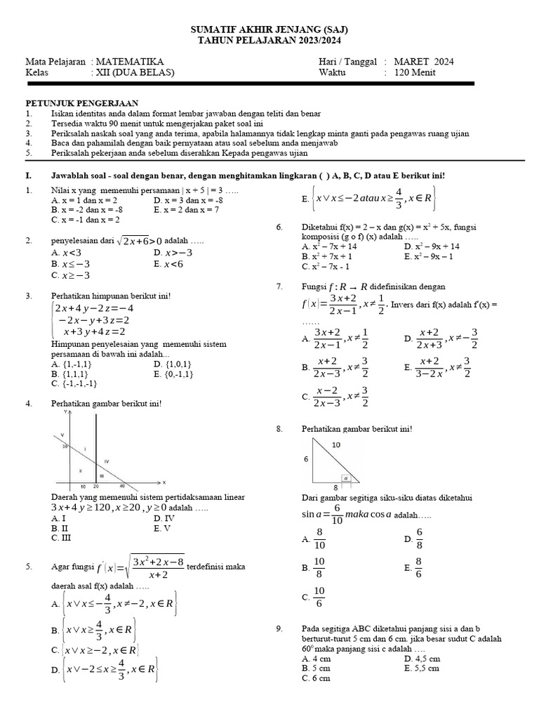 Soal Saj Matematika Wajib Kelas Xii | PDF