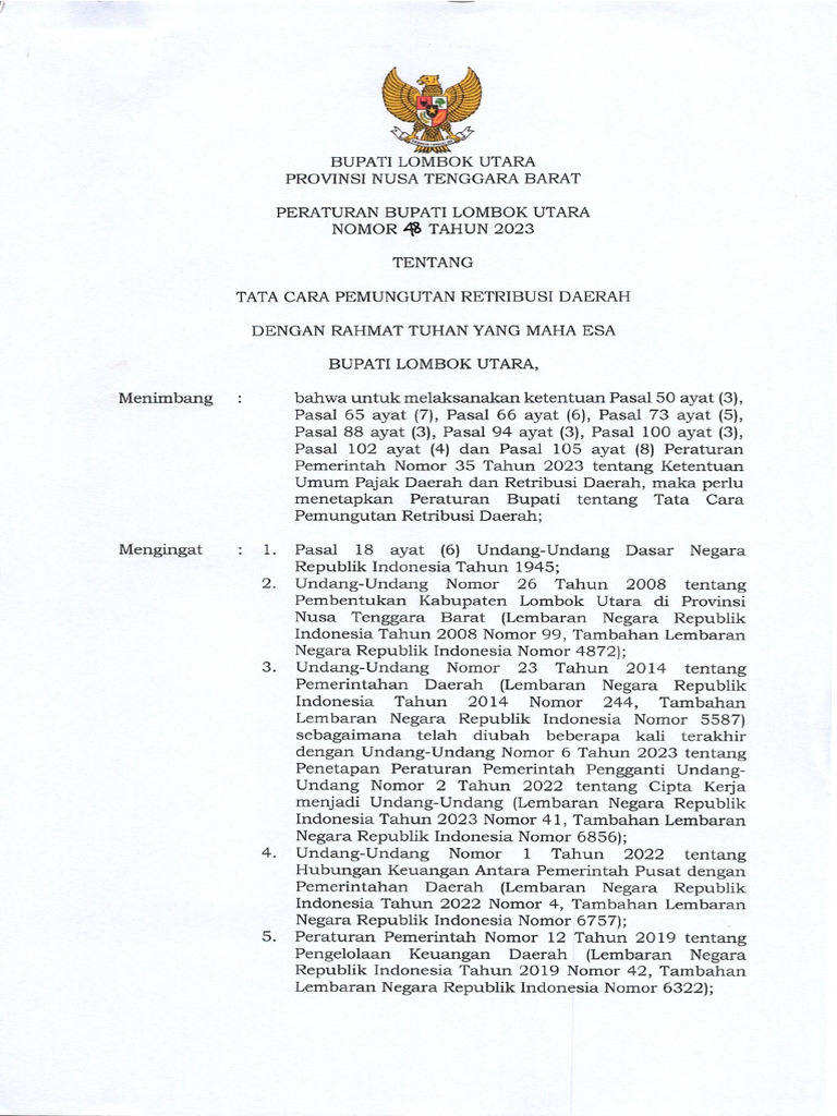 PERBUP NOMOR 48 TAHUN 2023 TENTANG TATA CARA PEMUNGUTAN RETRIBUSI ... PERBUP NOMOR 48 TAHUN 2023 TENTANG TATA CARA PEMUNGUTAN RETRIBUSI ...