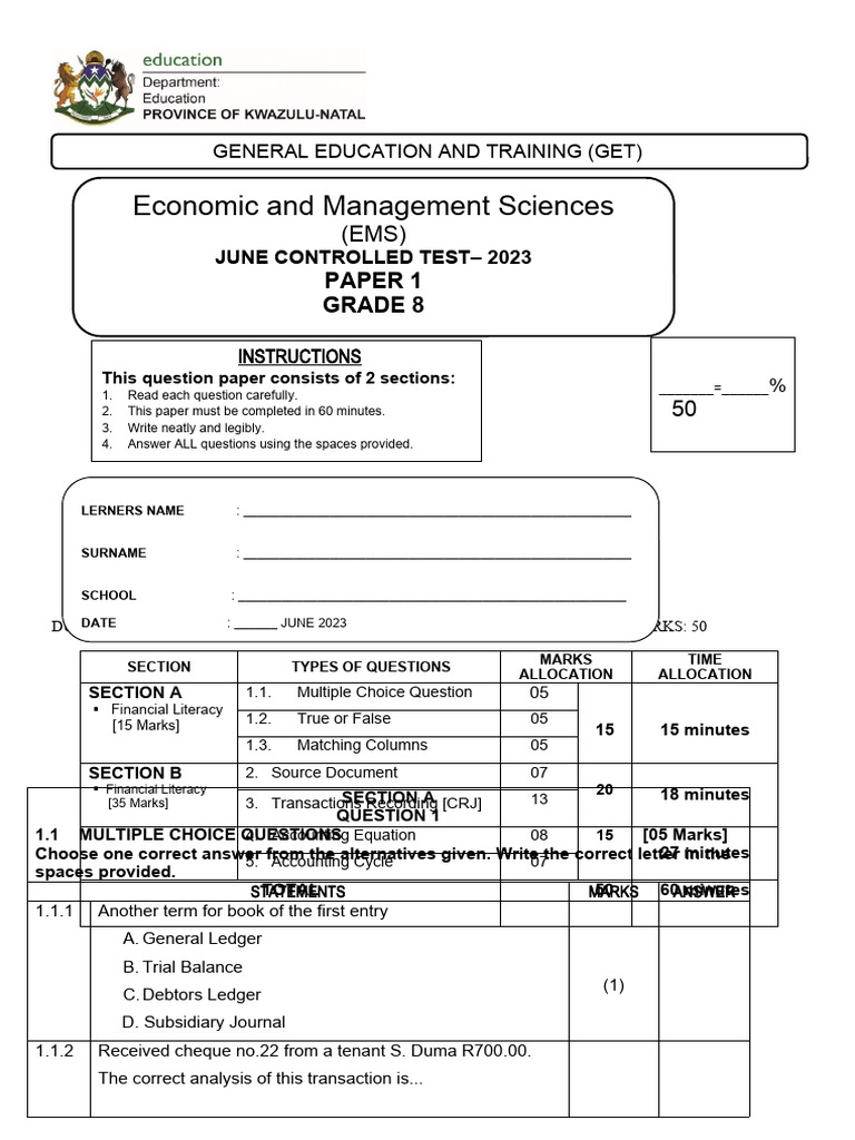 Grade 8 EMS Term 4 Exam Paper 1 | PDF | Debits And Credits | Private Sector