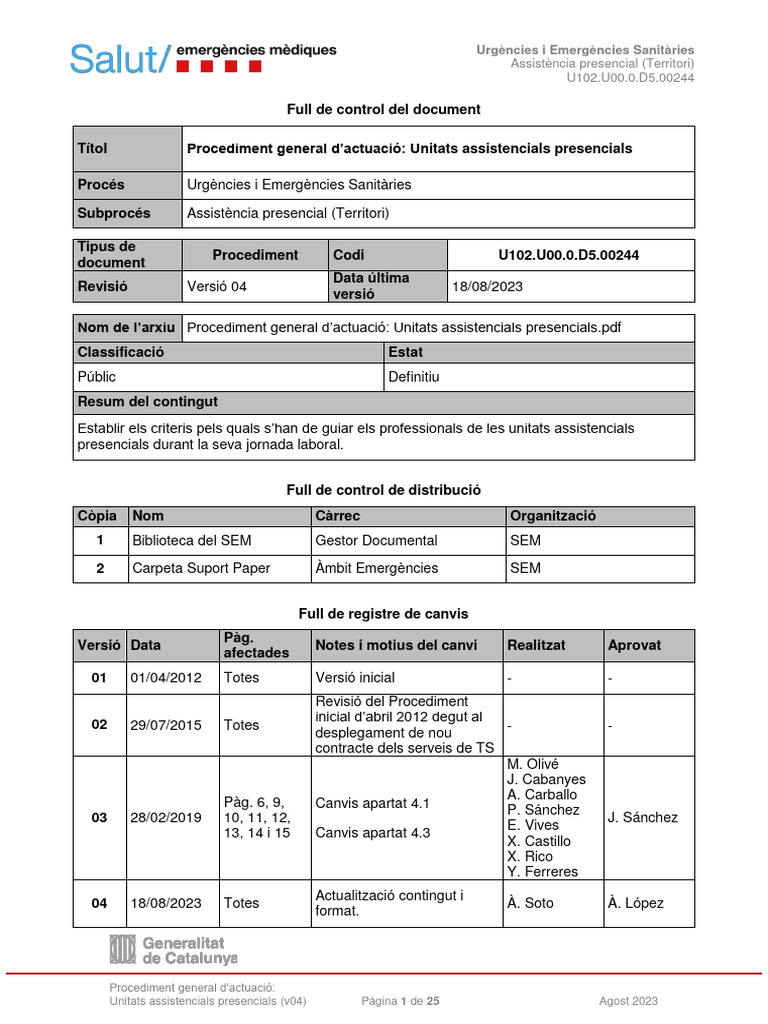 Procediment General Actuació Per Unitats Assistencials TSU (2023) | PDF