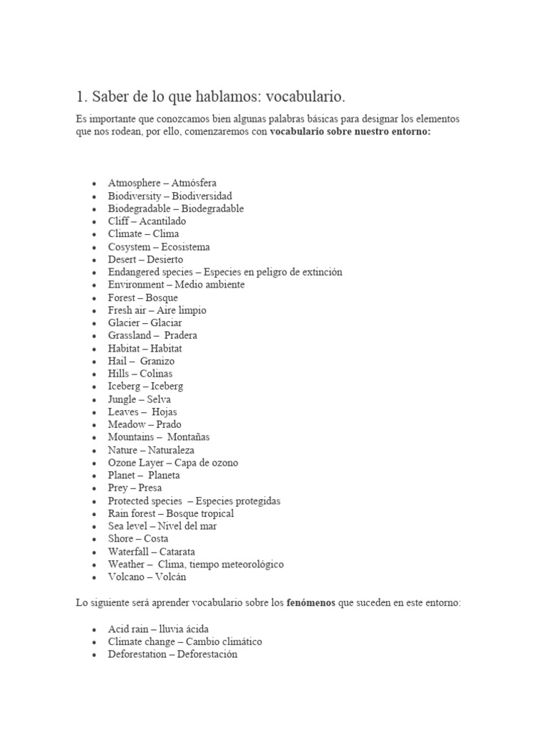 Vocabulario del Medio Ambiente | PDF | Entorno natural | Impacto humano ...
